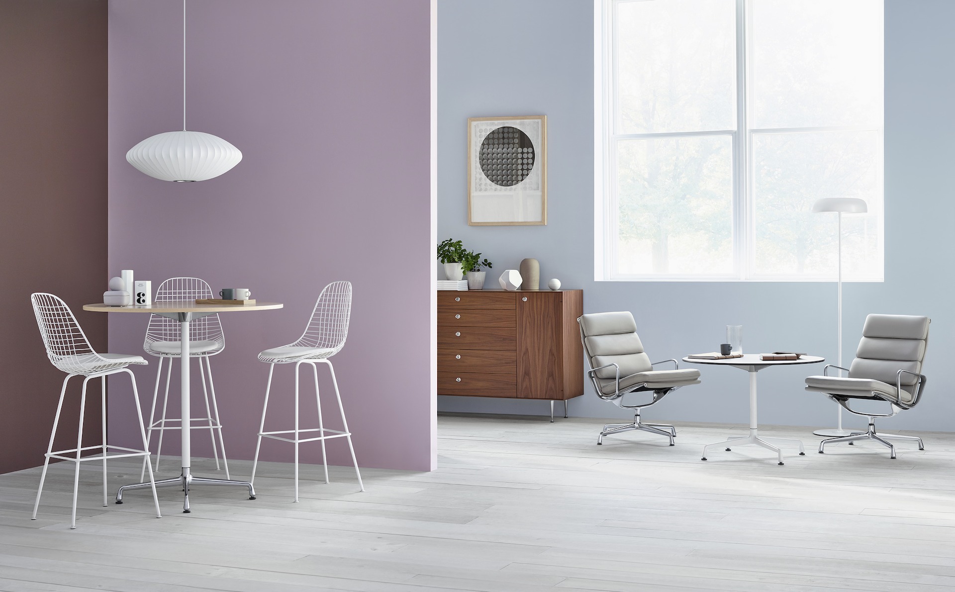 Eames Tables with Eames Soft Pad Chairs and Eames Wire Stools - Herman ...
