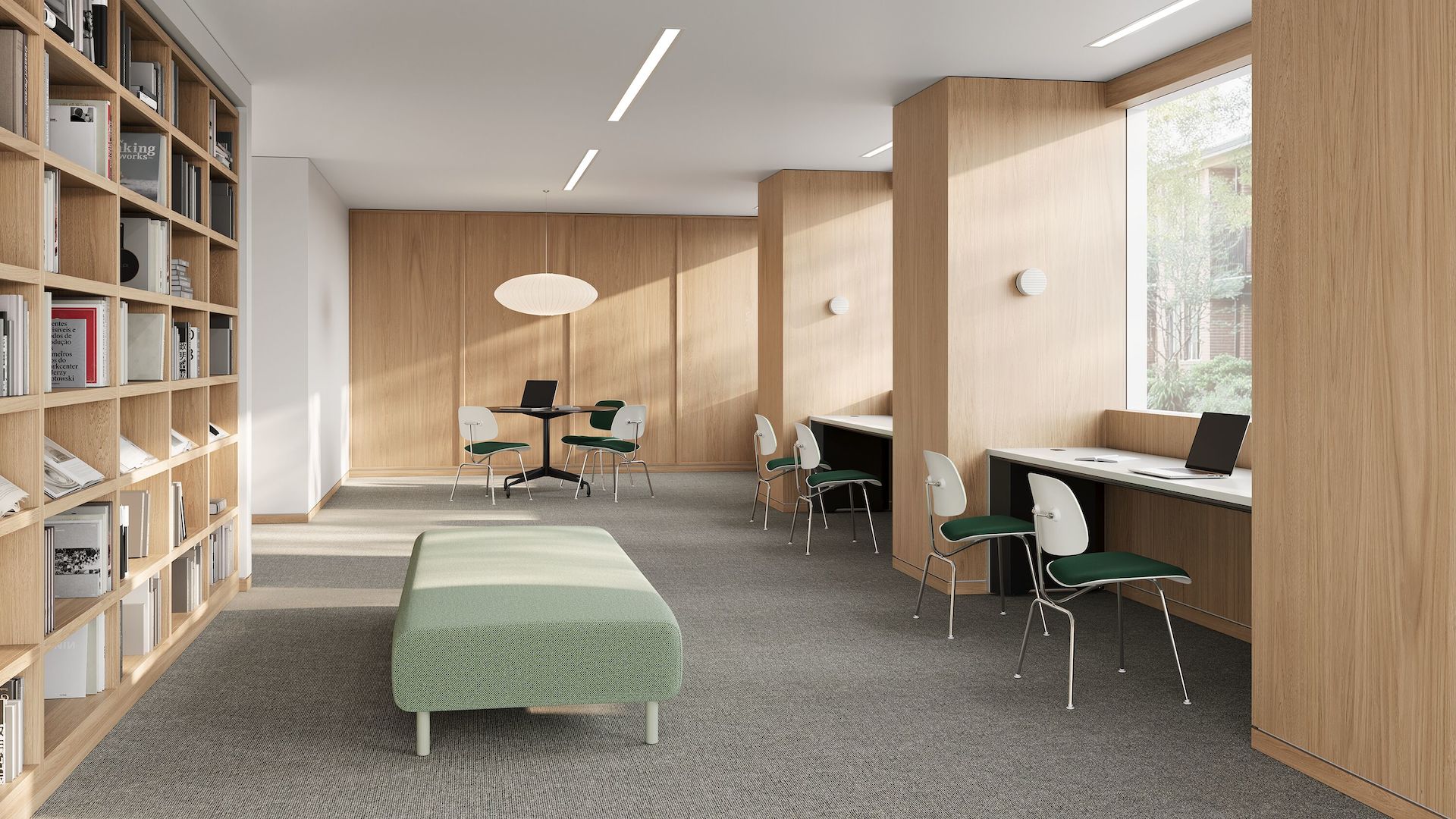 Library Setting with Eames EC-127 in white and green - Herman Miller